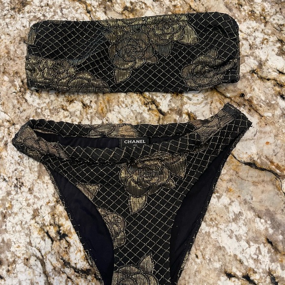 CHANEL | Swim | Chanel Black And Gold Floral Bikini Set | Poshmark